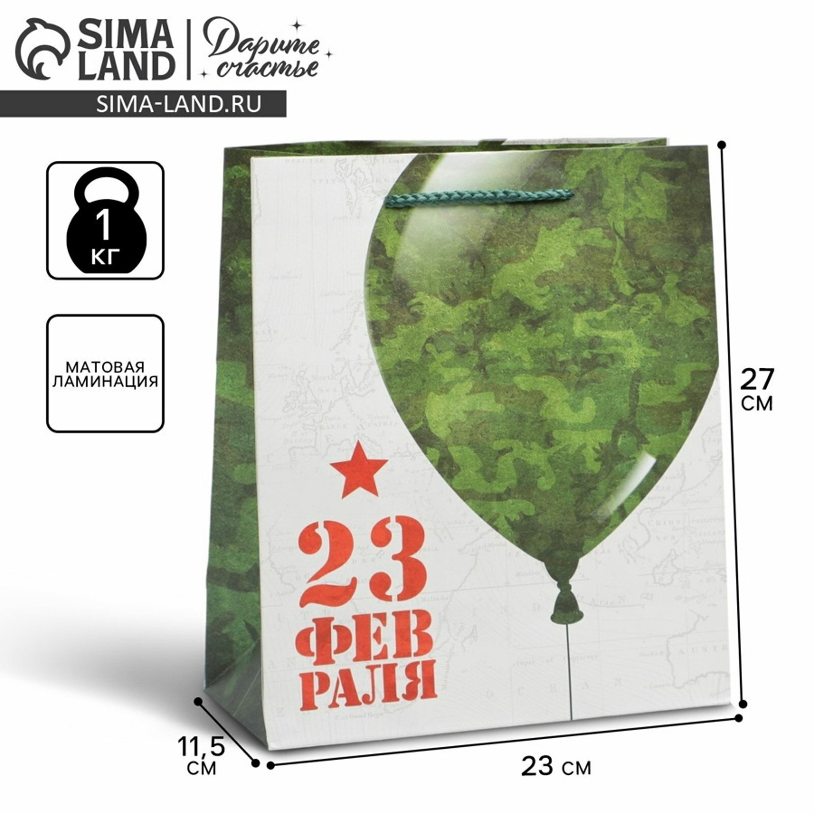 Пакет подарочный ламинированный, упаковка, "С 23 февраля", ML 23x27x11.5 см