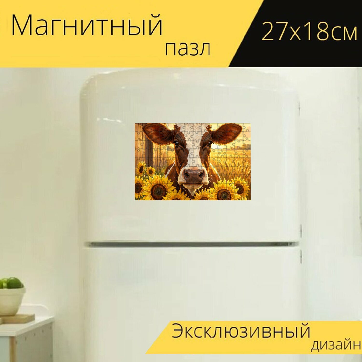 Магнитный пазл "Корова среди подсолнухов. Милая буренка крупным планом на деревенском поле у амбара, среди ярких солнечных цветов и золотой пшеницы." на холодильник 27 x 18 см.