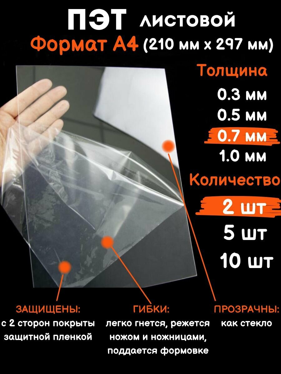 Прозрачный листовой пластик для творчества Пэт формат А4 0.7 мм, 2 шт