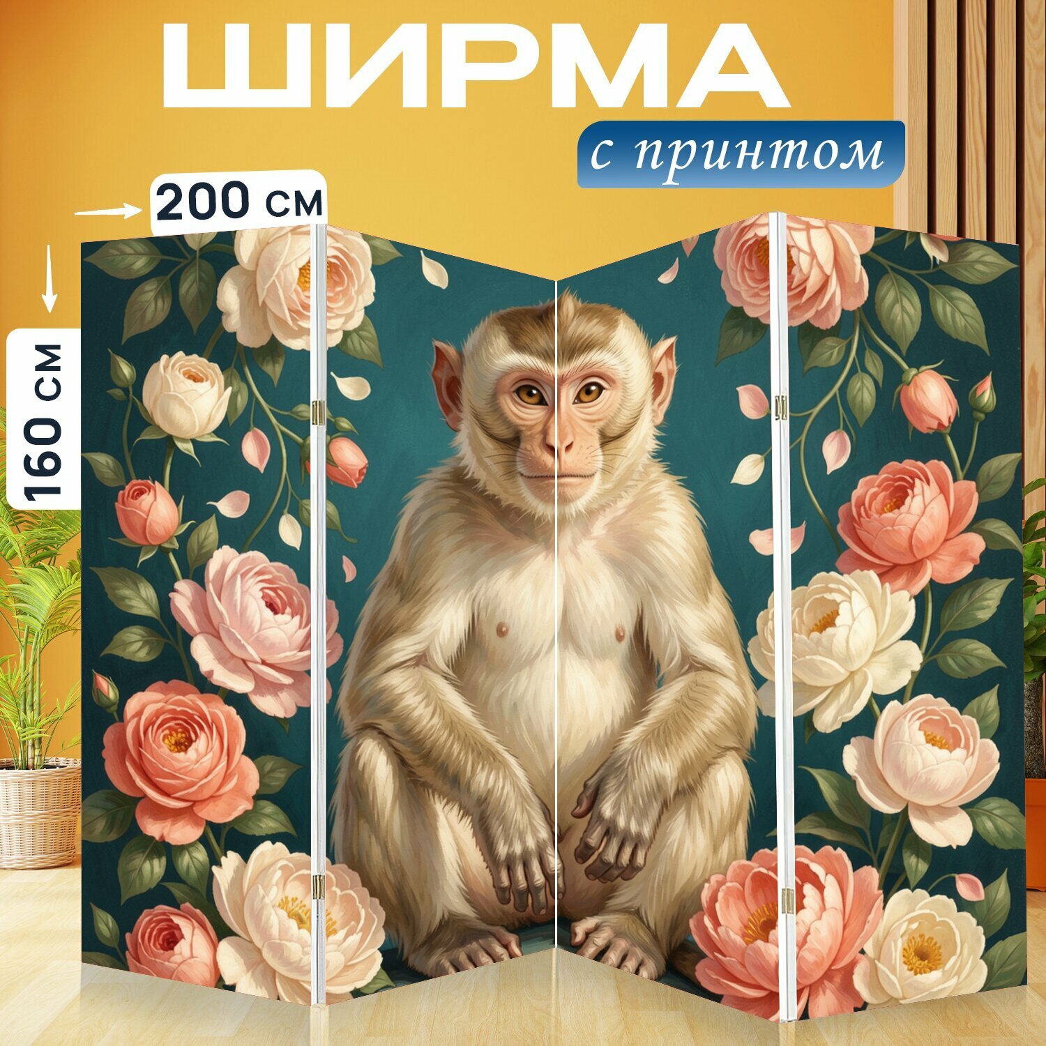Ширма "Обезьяна среди цветущих пионов. В центре сидит примат в анфас, окружённый нежными розовыми и кремовыми." перегородка для зонирования комнаты с принтом 200x160 см. на холсте