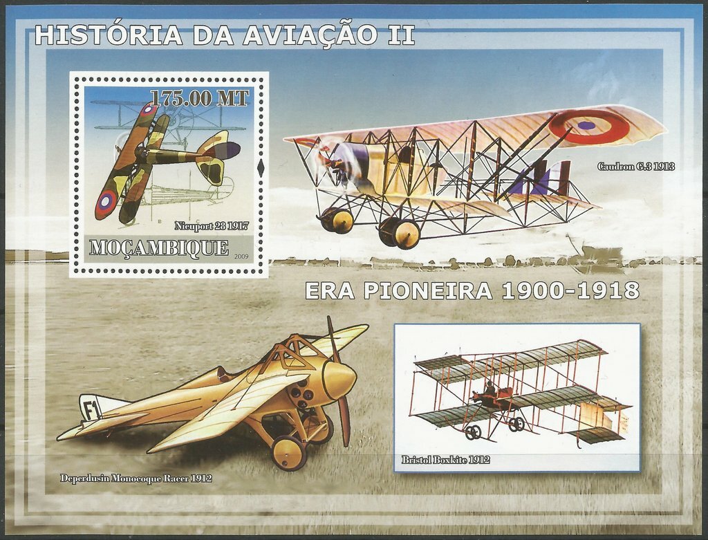 Почтовые марки Мозамбик 2009г. "История авиации - Эпоха 1900-1918" Самолеты, Авиация MNH