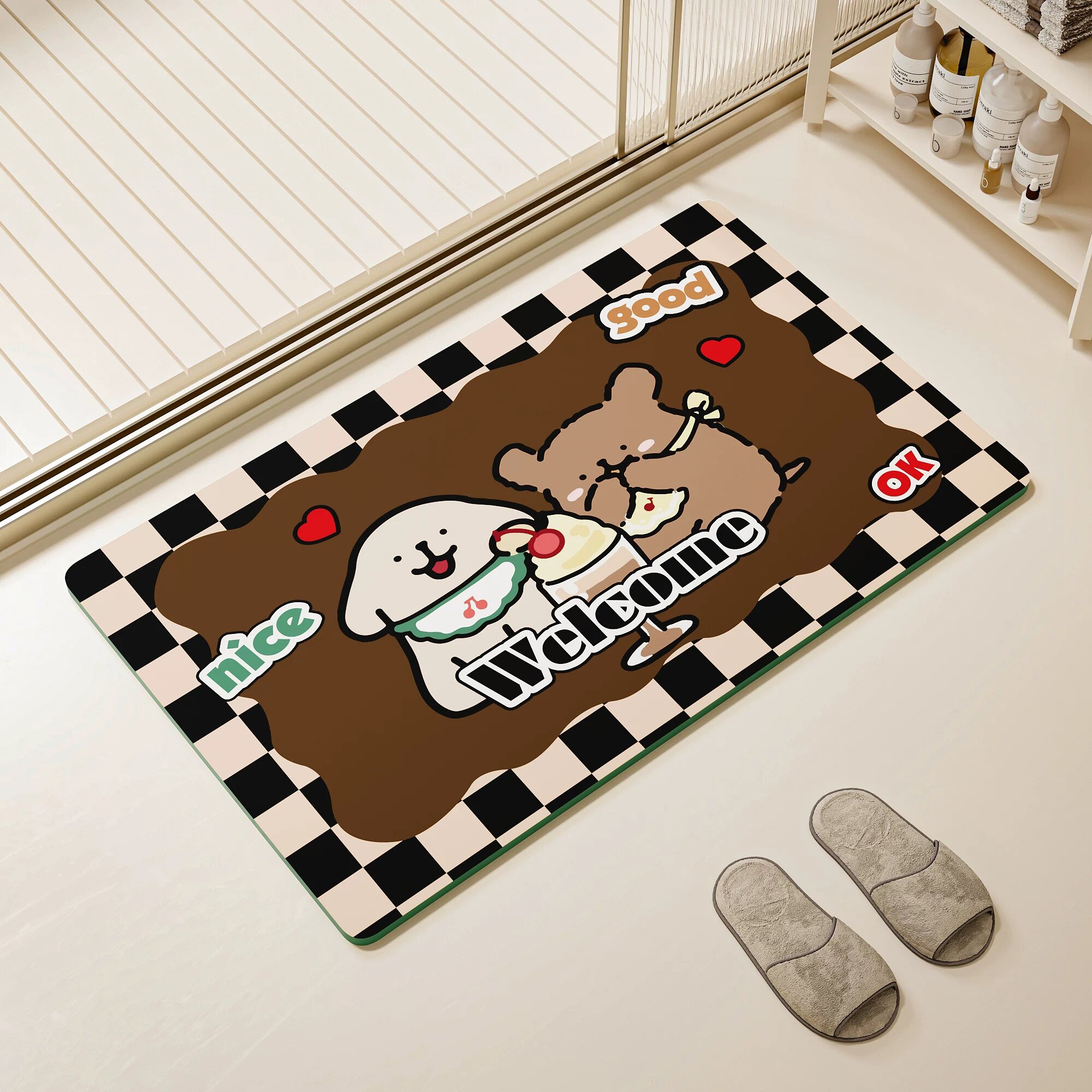 Ванная напольный коврик, 60x90см, анти-скользящий, быстро сохнущий, 3мм толщина, узор решетка животные для дома