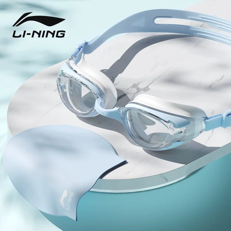 Li-Ning Анти-туман Фог Блю Плавательные Очки и Шапочка Комплект для Водных Видов Спорта