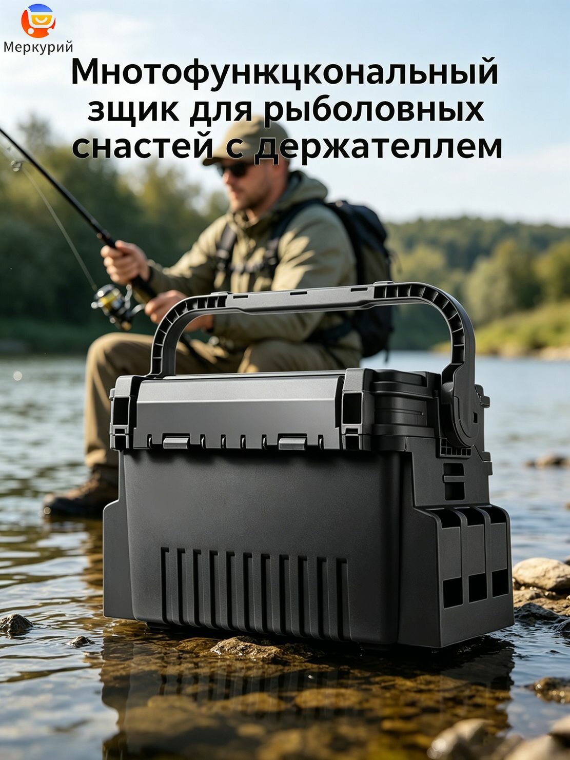 Многофункциональный ящик для рыболовных снастей с держателем для удилищ