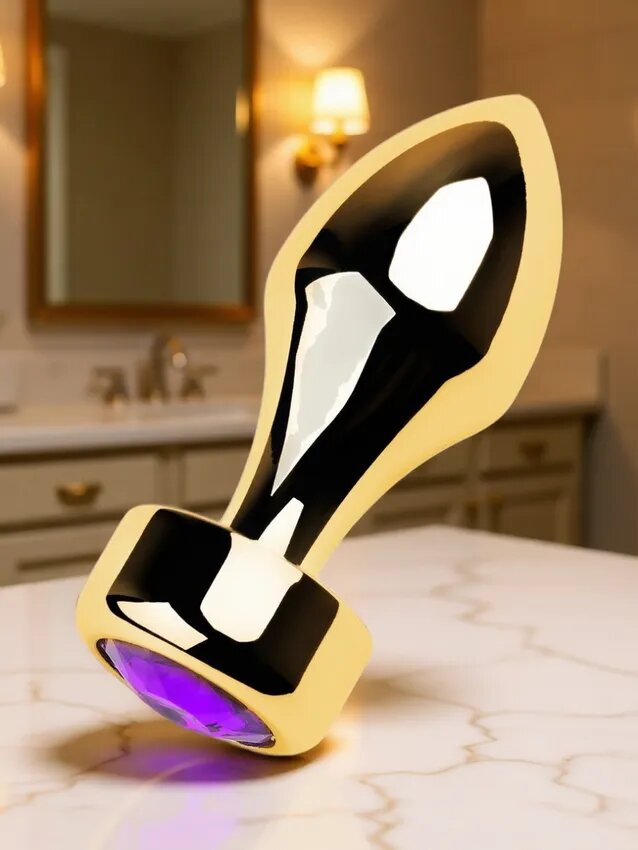 Анальная втулка ToyFa Small Gold aметист, с кристаллом, водонепроницаемая, металл, 7,5см
