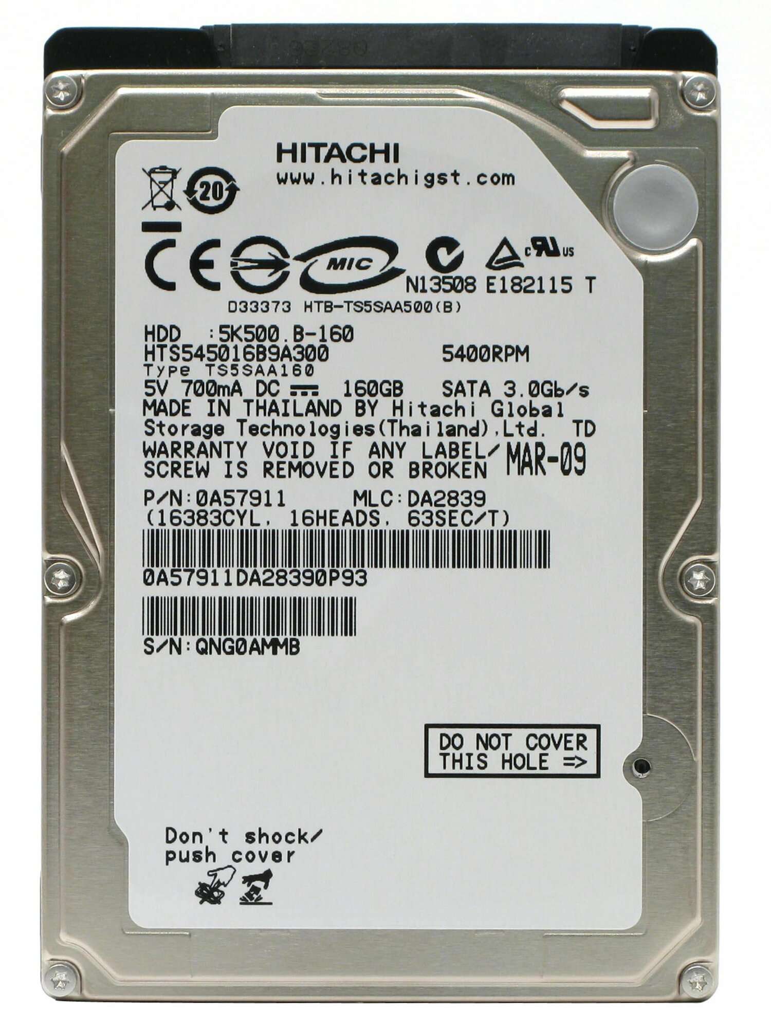 2.5" 160 ГБ Жесткий диск Hitachi Travelstar 5K500. B (HTS545016B9A300) - SATA-II, 3 Гбит/сек, 5400 оборотов/мин
