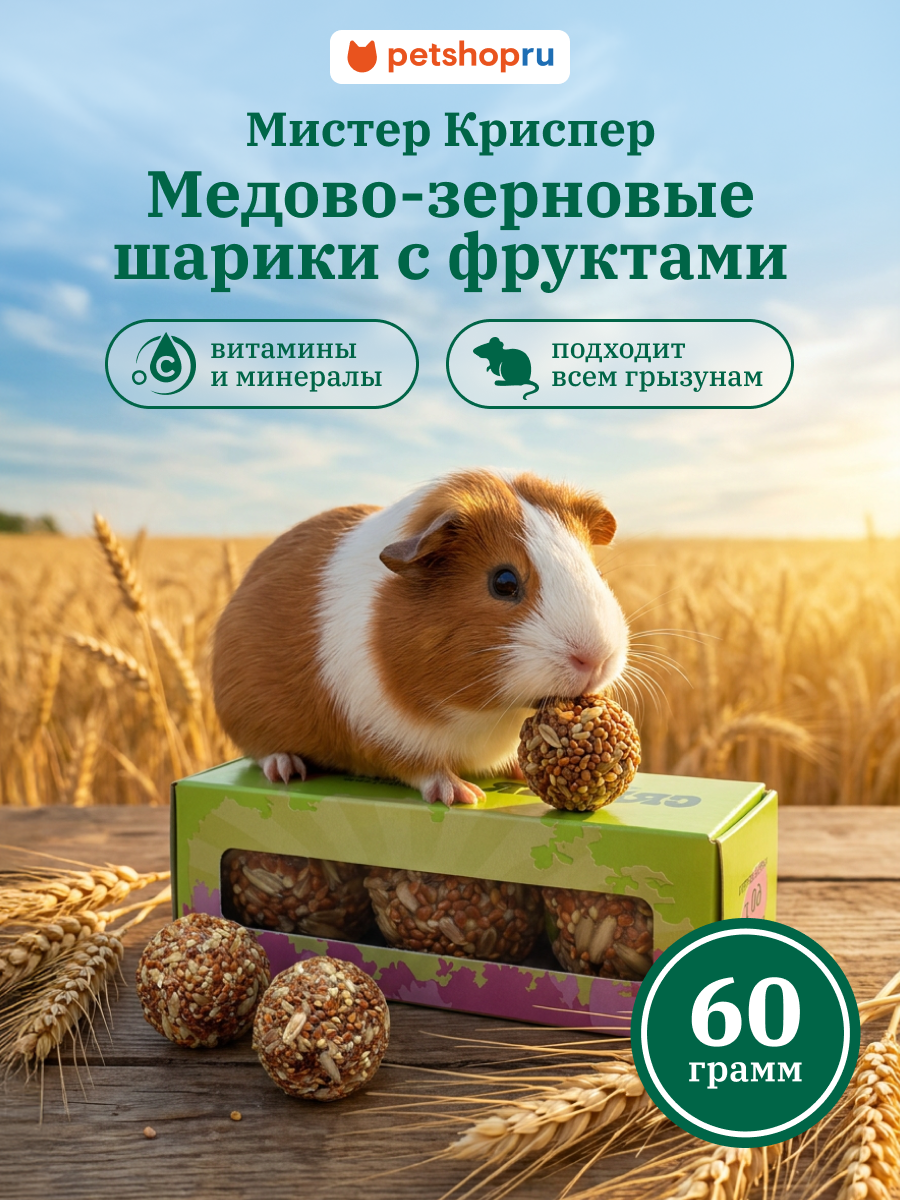 MR.Crisper Лакомство для грызунов, медово-зерновые шарики с фруктами, 3 шт, 60 г