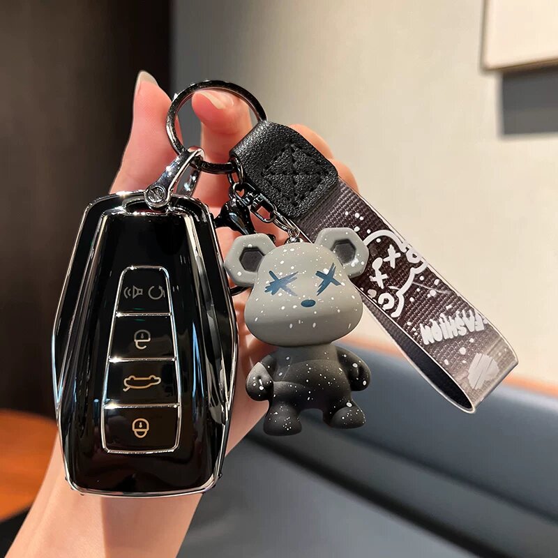 Чехол для ключа Geely совместимый с Emgrand GS, Boyue, Yuanjing X6 - Умные 4 кнопки, черный одинарный чехол с серым