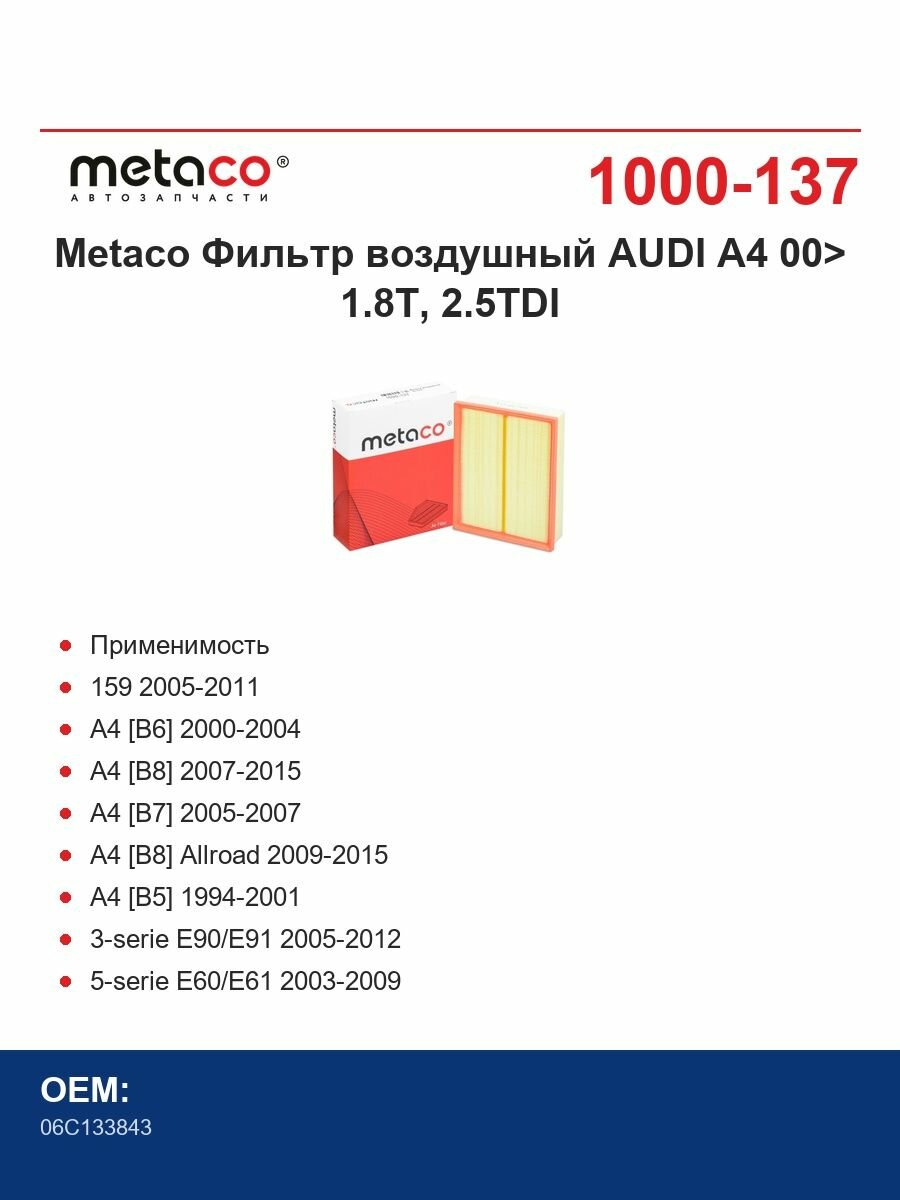Metaco Фильтр воздушный AUDI A4 00> 1.8T, 2.5TDI