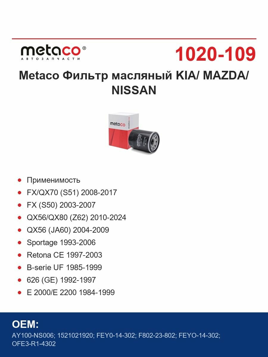 Metaco Фильтр масляный KIA/ MAZDA/ NISSAN