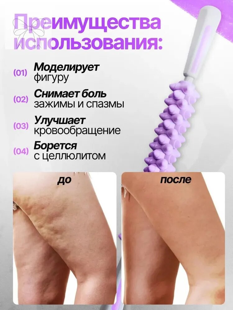 Массажер скалка антицеллюлитный, роликовый массажер для тела с шипами, розовый
