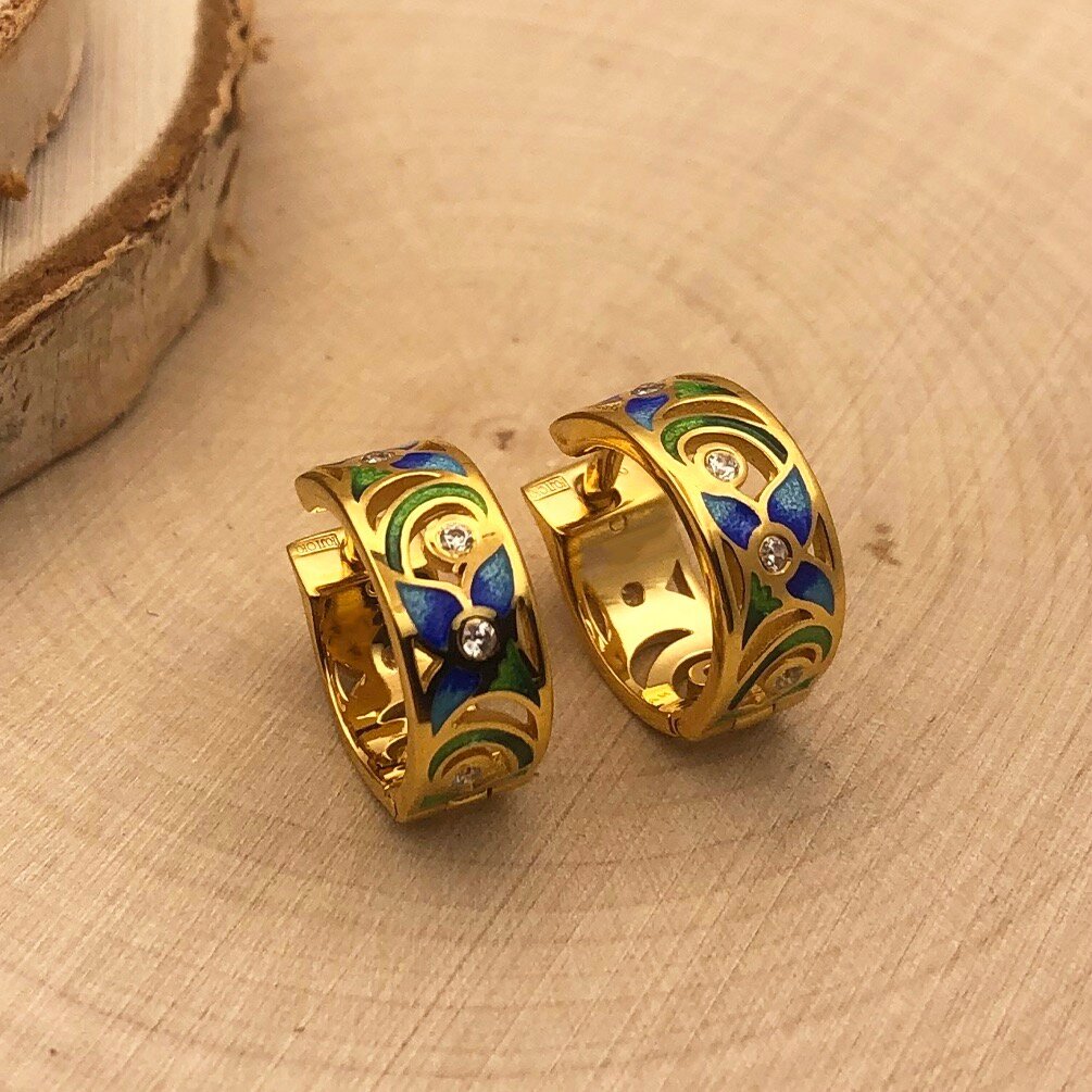 Серьги конго, серебро, 960 проба, золочение, эмаль, фианит