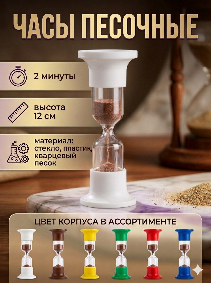Песочные часы ЧПН-2 (Р), 2 минуты, цветной корпус и кварцевый песок, стекло и пластик
