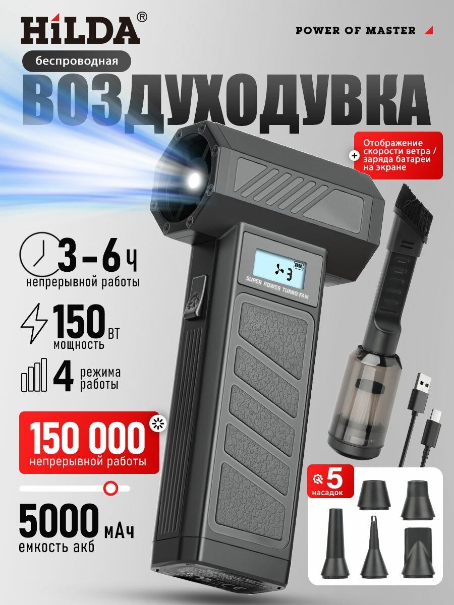 Воздуходувка аккумуляторная портативная, ветродуйка аккумуляторная,4 режима работы