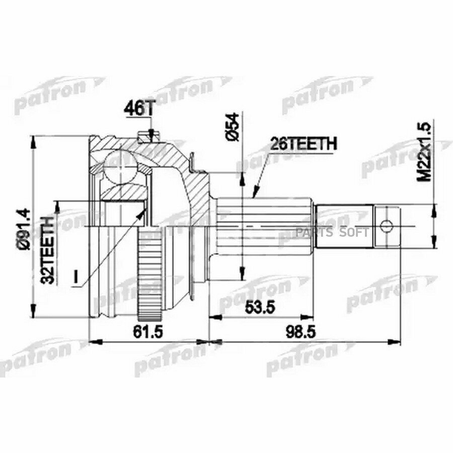 ШРУС наружн к-кт 26x54.1x32 ABS:46T CHRYSLER: CIRRUS, SEBRING 95-99, DODGE STRATUS 95-99, PLYMOUTH BREEZE 95-99 - С ABS от официального дистрибьютора, PATRON, артикул PCV9491