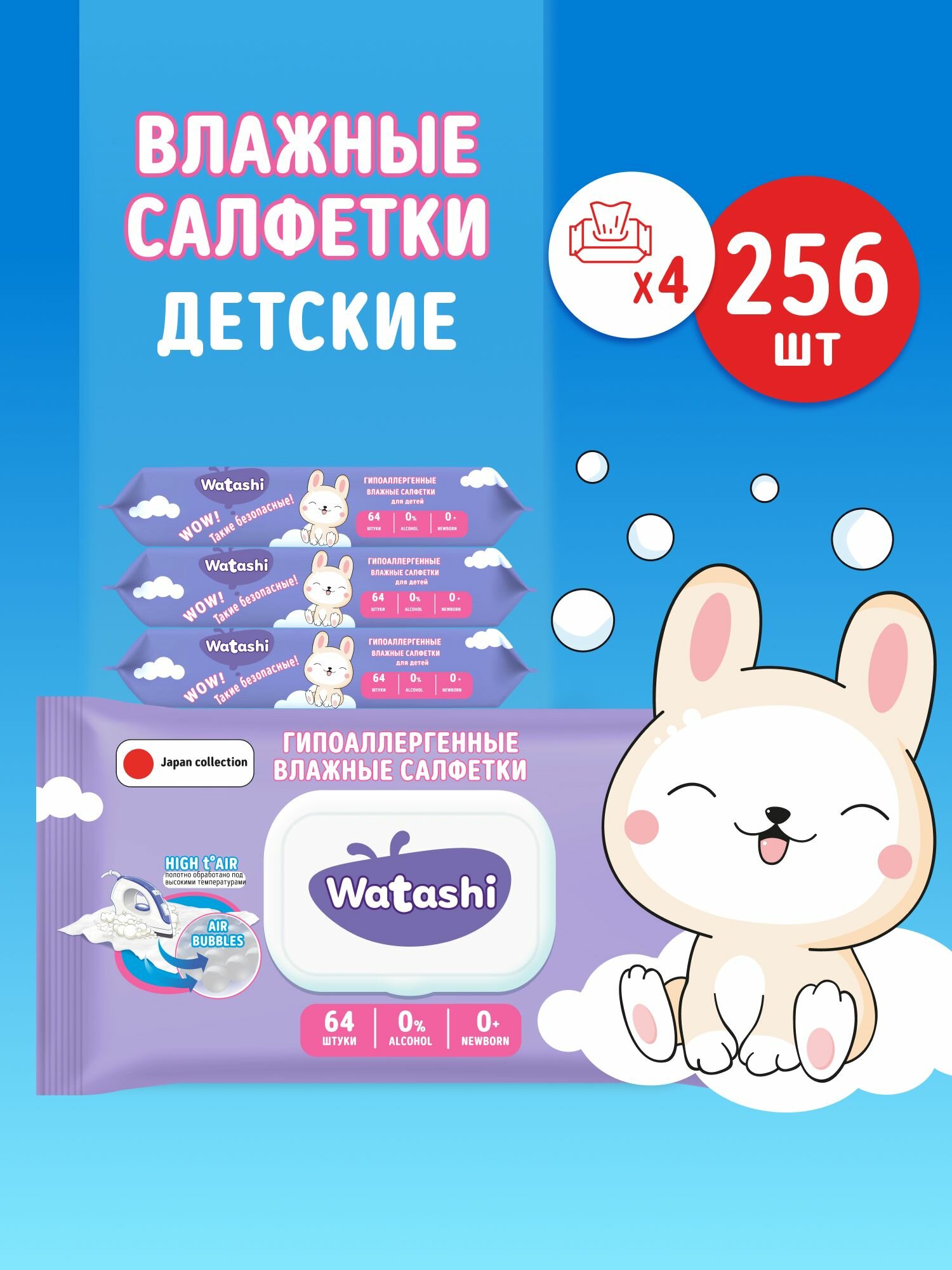 Влажные салфетки детские для новорожденных, без отдушки с крышкой 256 шт (64 шт х 4), влажные салфетки детские салфетки для новорожденных без отдушки