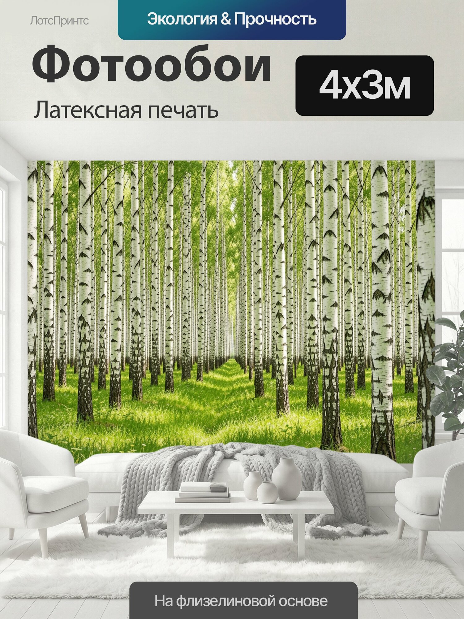 Фотообои моющиеся ударопрочные "Берёзовая роща в солнечный день. Светлый лесной пейзаж с высокими белоствольными деревьями, яркой зелёной травой и." 400x300 см. латексная печать
