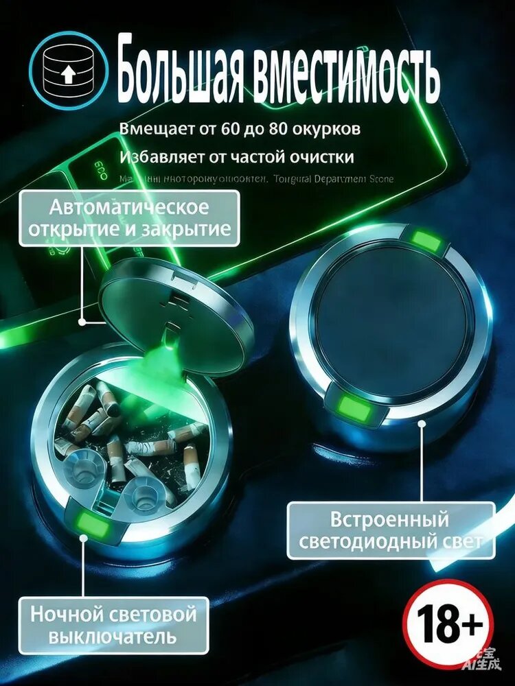 Автомобильная пепельница с автооткрыванием и LED-подсветкой, герметичная, из огнестойкого ABS, черная