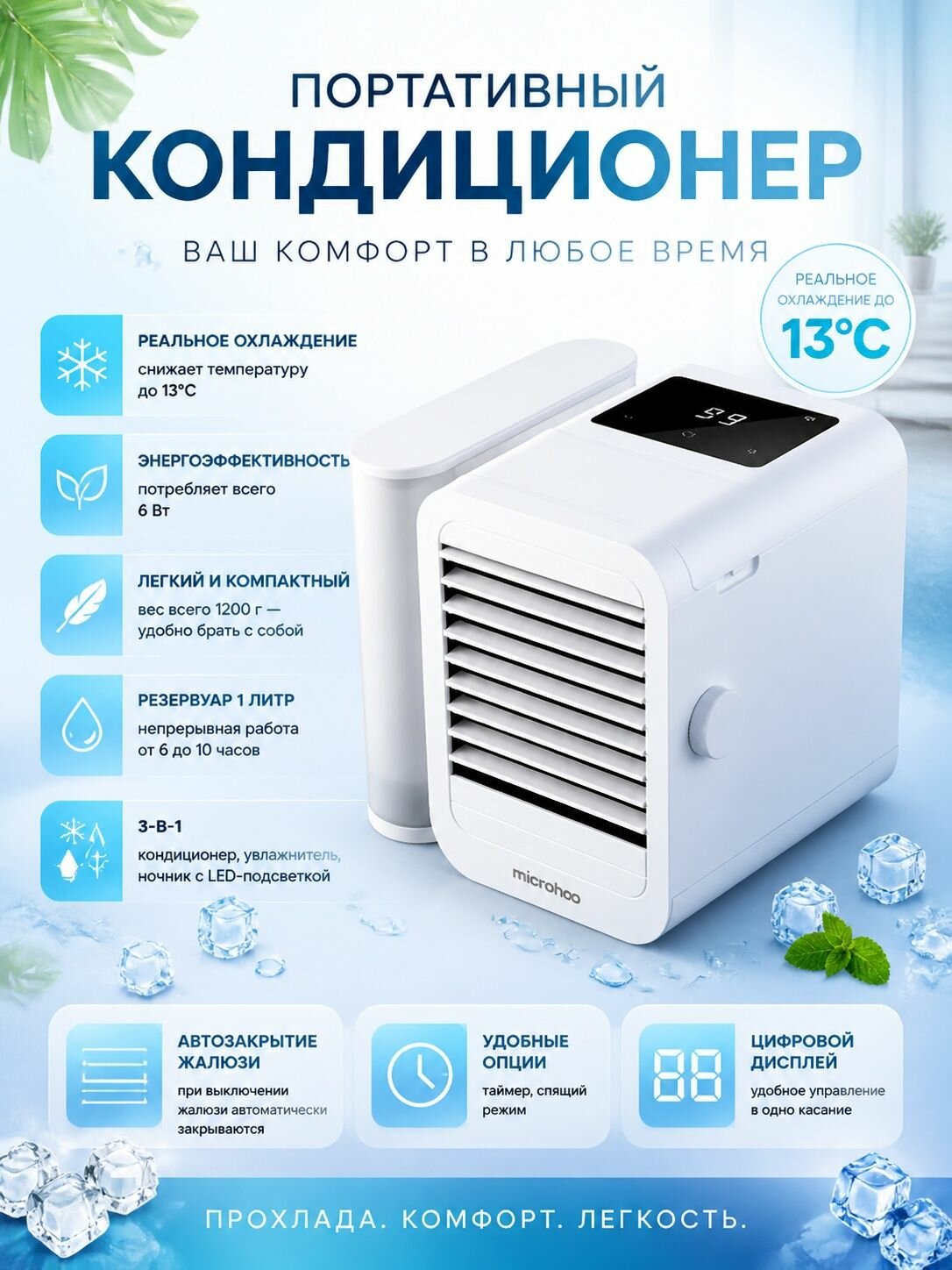 Настольный мини кондиционер Xiaomi Microhoo Personal Air Conditioning MH01R / Охладитель воздуха
