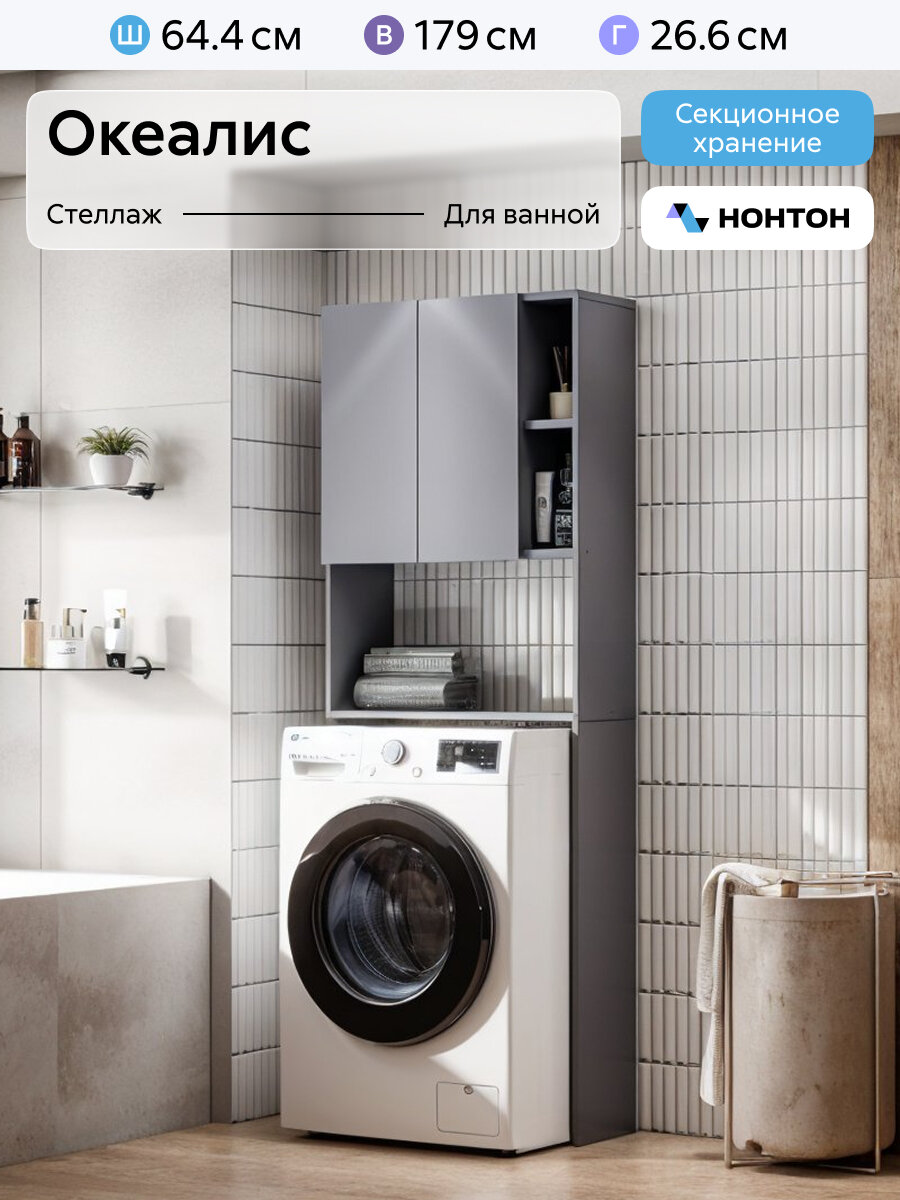 Шкаф под стиральную машину Нонтон Океалис, 64x26x179 см, графит серый
