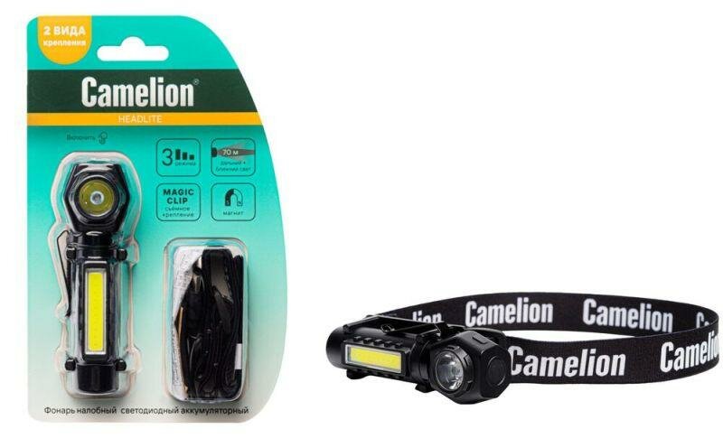 Фонарь налобный LED53409 аккум. 3.7В XPE+COB 3Вт 3 реж. магнит Type-C блист черн. Camelion 15760