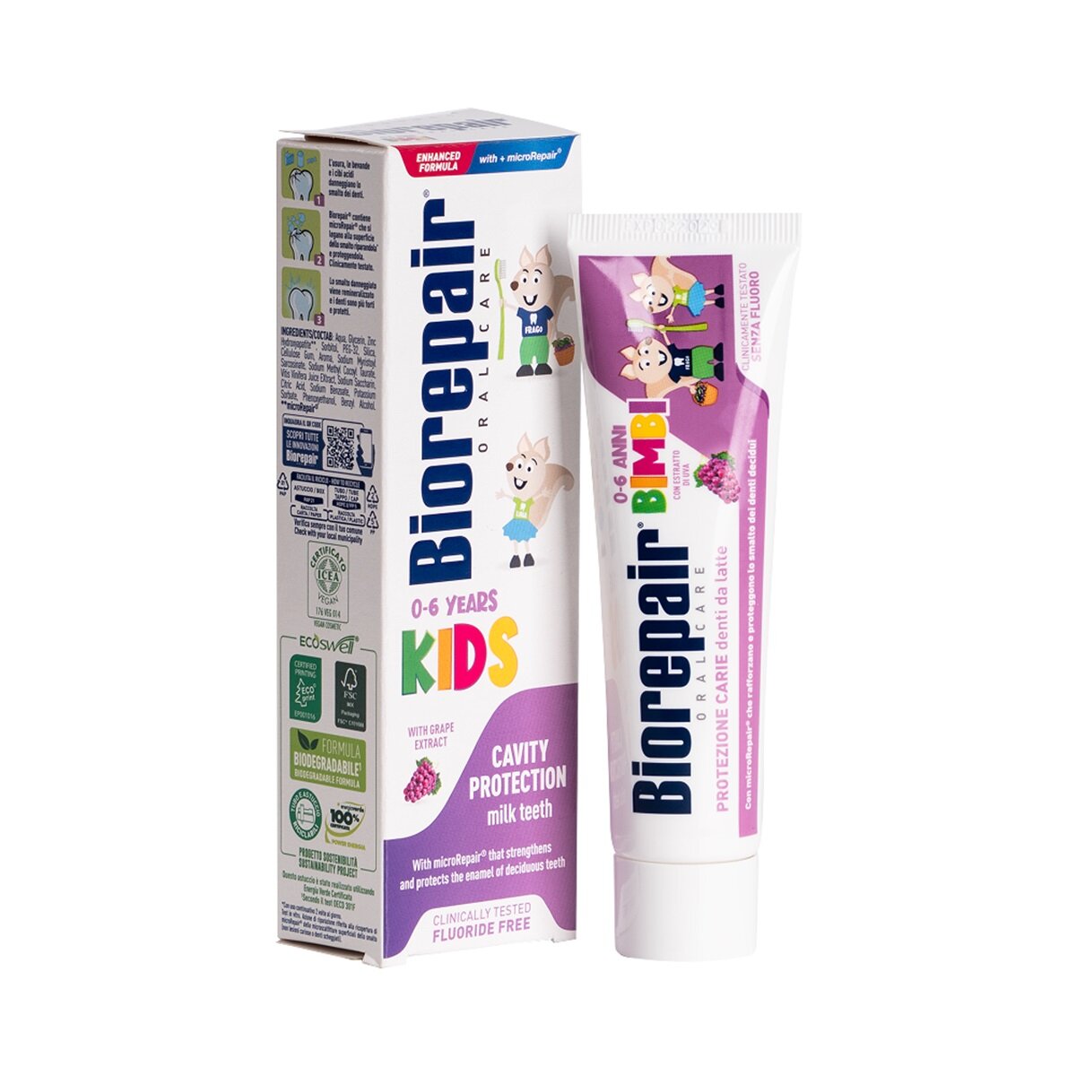 Зубная паста Biorepair KIDS, для детей 0-6, Виноград, без фтора, укрепление эмали