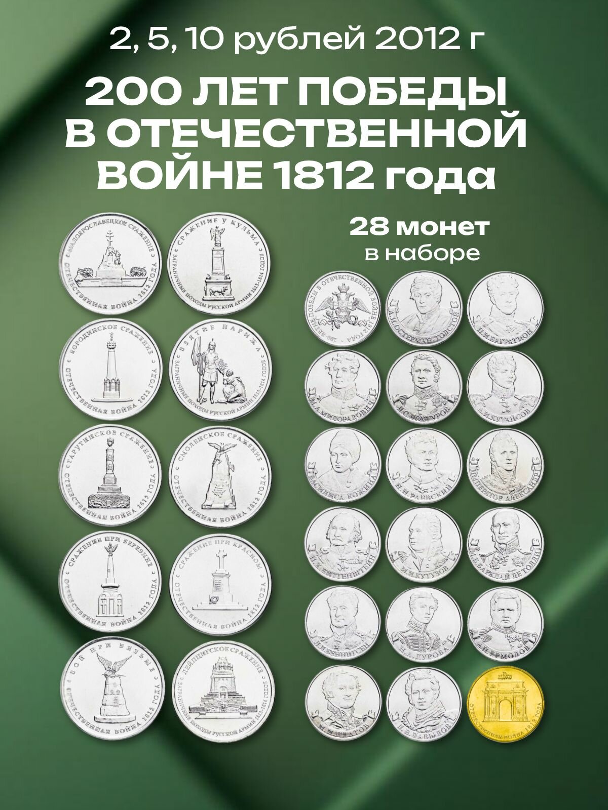 Набор 28 монет 2, 5, 10 рублей 2012 года 200 лет Победы в Отечественной войне 1812 года, Бородино