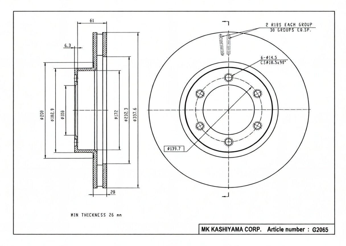 Диск тормозной передний TOYOTA LAND CRUISER PRADO (J120) 2.7-4.0 02- G2065 MK KASHIYAMA арт. G2065