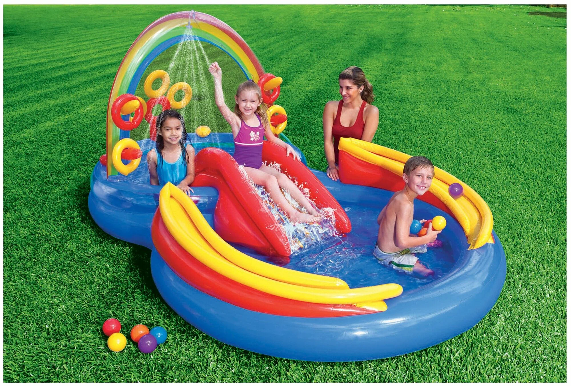 Игровой центр Intex 57453, "Радуга" с разбрызгивателем, 297*193*135 см до 80кг