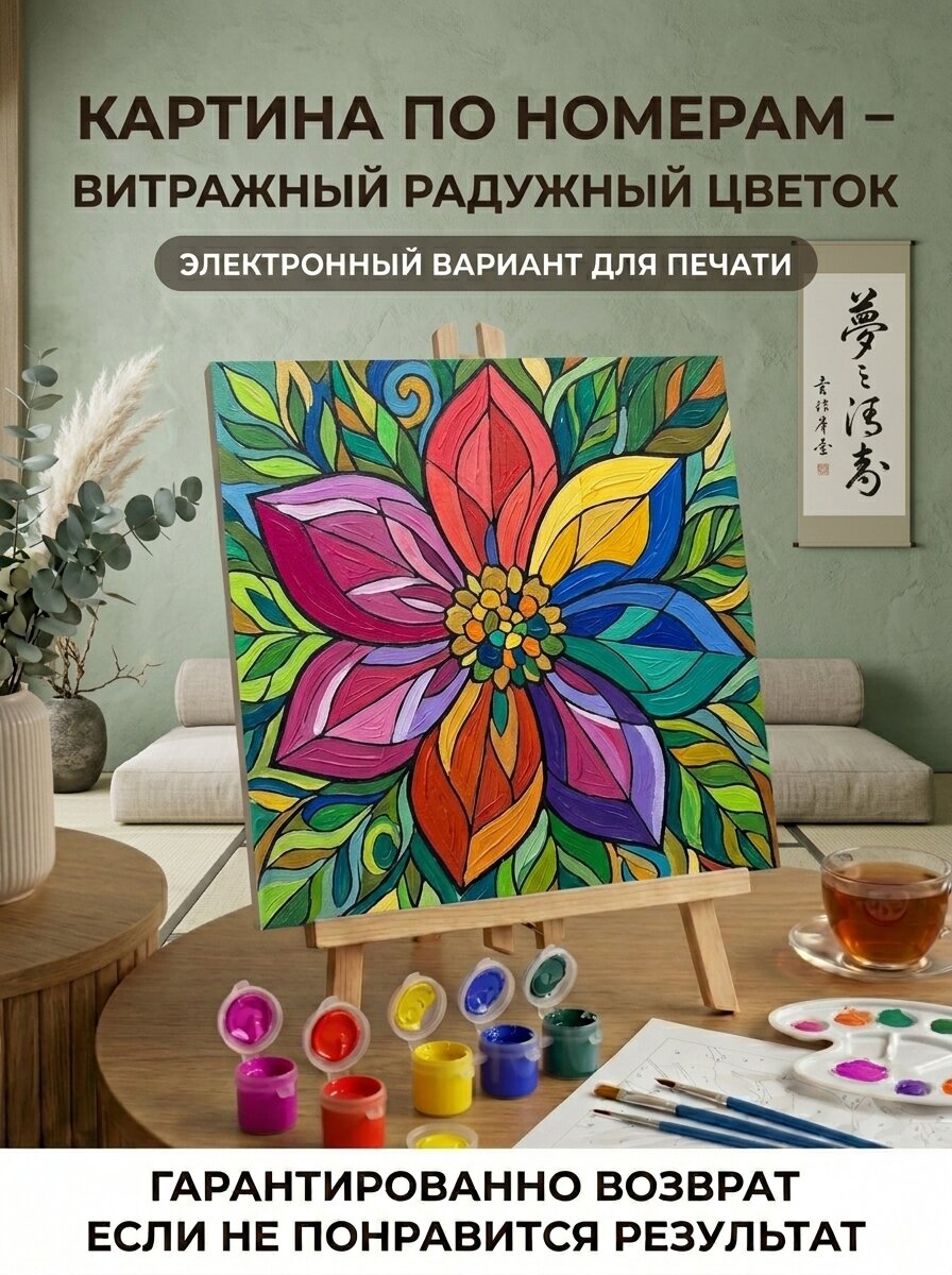 Картина по номерам "Витражный радужный цветок", на холсте, PDF-инструкция