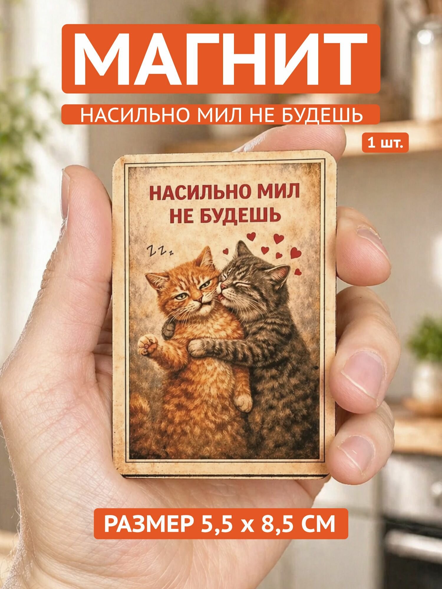 Магнит Насильно мил не будешь. 5,5 на 8,5 см. 1 шт. Магнитик на холодильник с котиком.