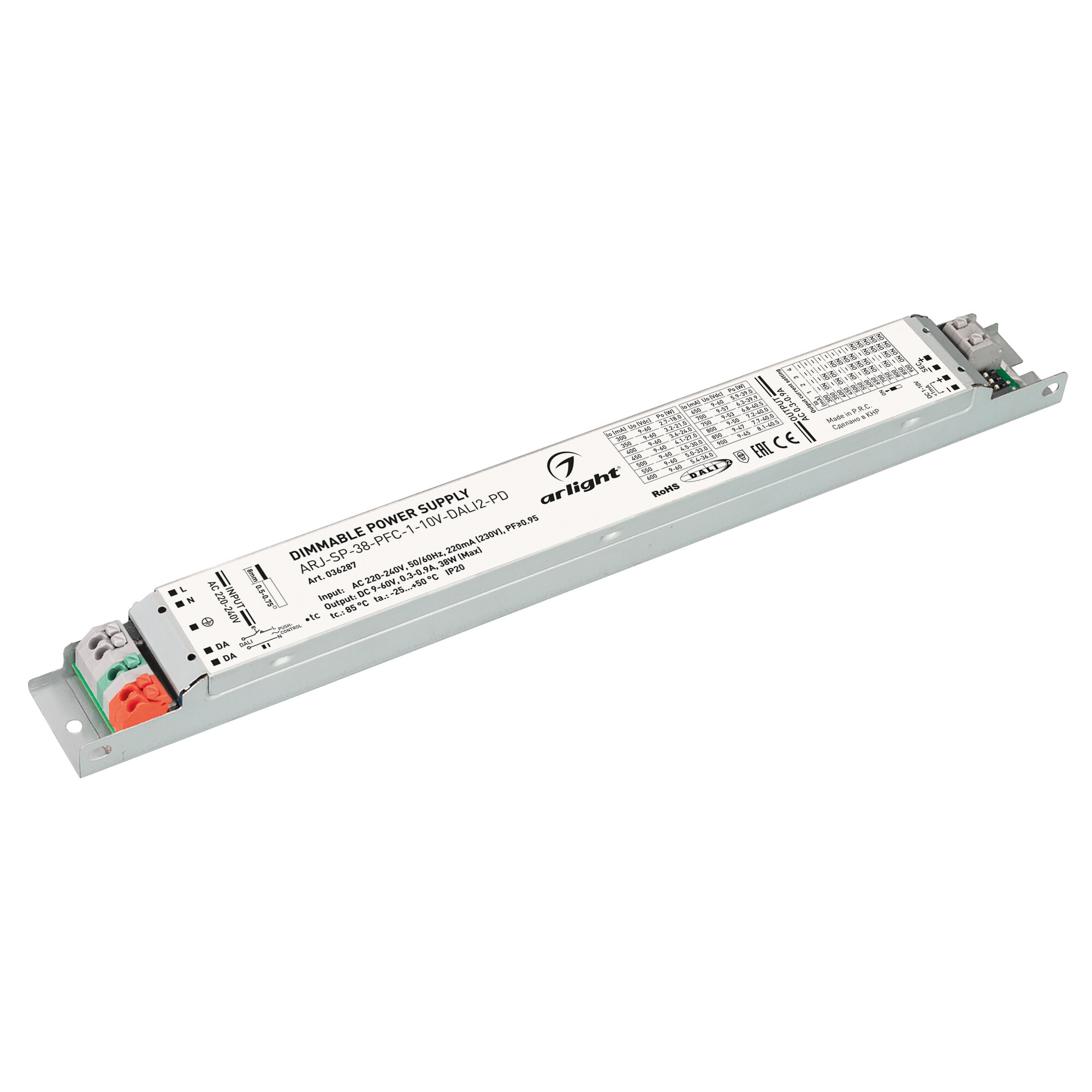 Блок питания для светодиодной ленты Arlight ARJ-SP-38-PFC-1-10V-DALI2-PD (38W, 9-60V, 0.3-0.9A)