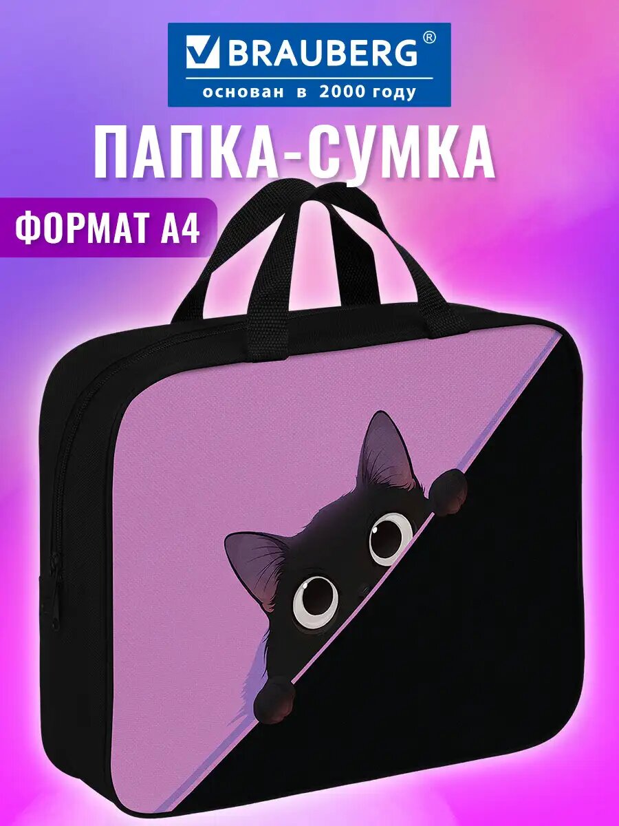 Папка сумка для тетрадей, труда, рисования и изо А4 для девочки на молнии с ручками для школы, Brauberg, 274506