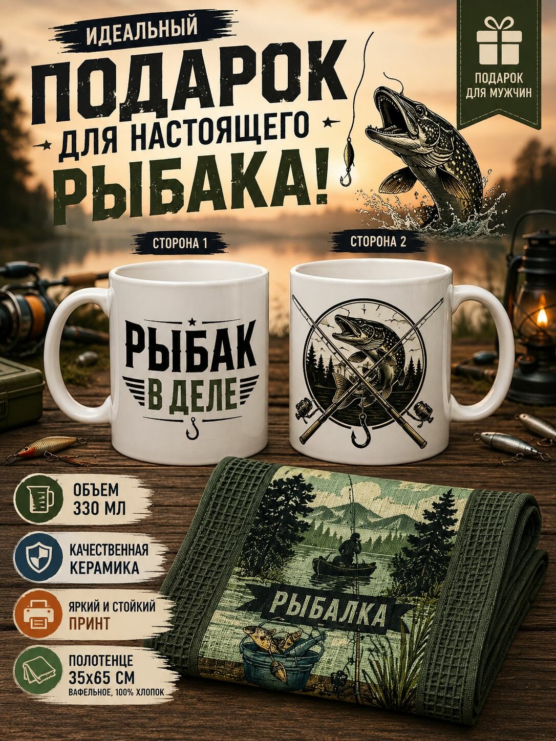 Набор кружка и полотенце для рыбака . Подарок мужчине