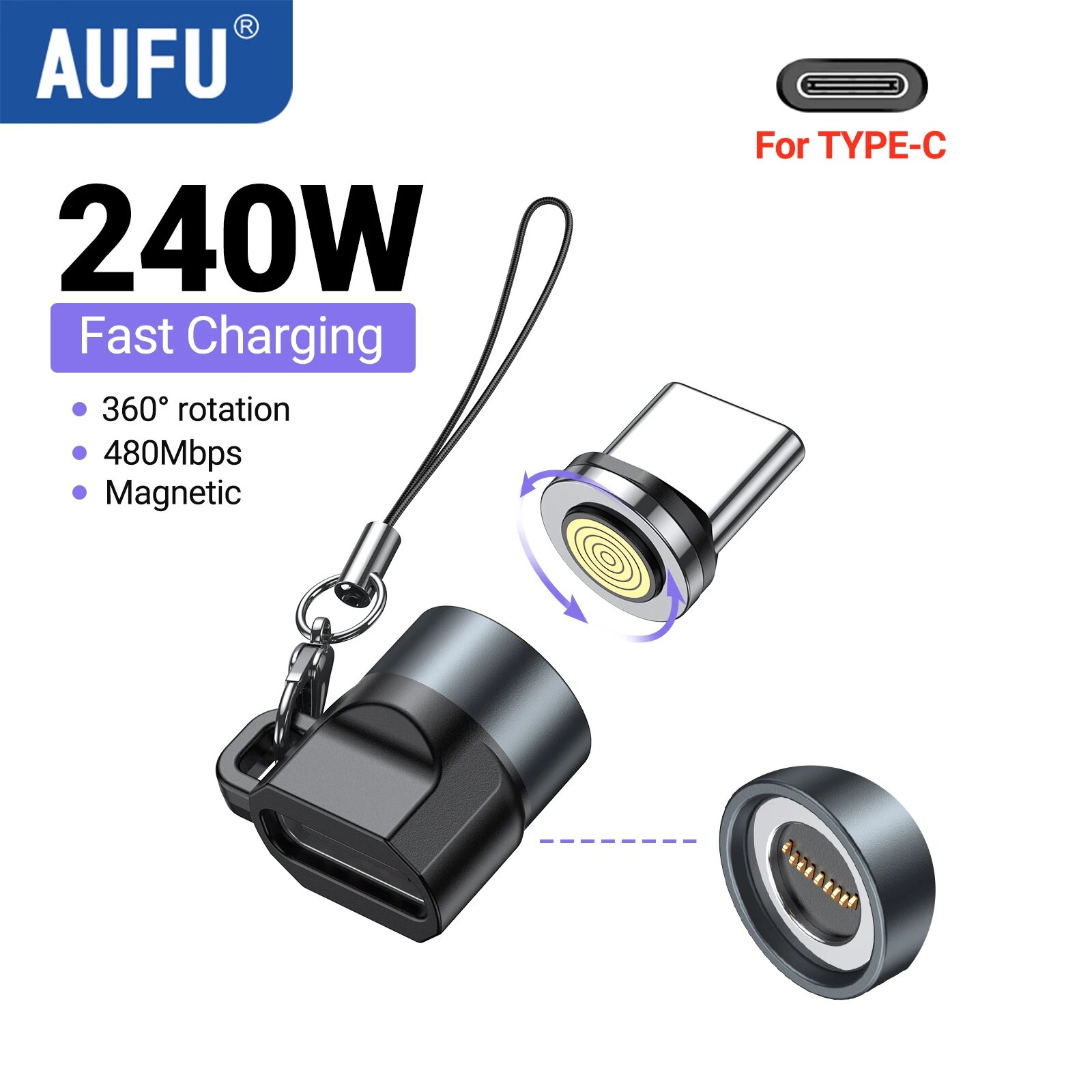 Магнитный адаптер AUFU 9Pin Type-C для iPhone, 240 Вт, 5 А, быстрая зарядка, 9pin Mini Type C