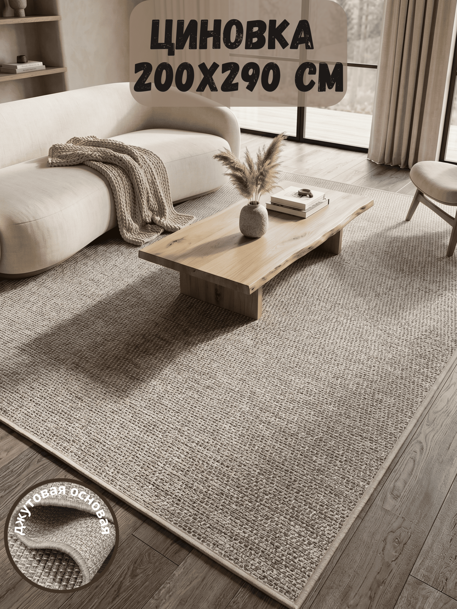 Ковер комнатный безворсовый 200х290 см(2 х 2.9 м) циновка для кухни и прихожей, палас безворсовый на пол для гостиной и спальной 53010