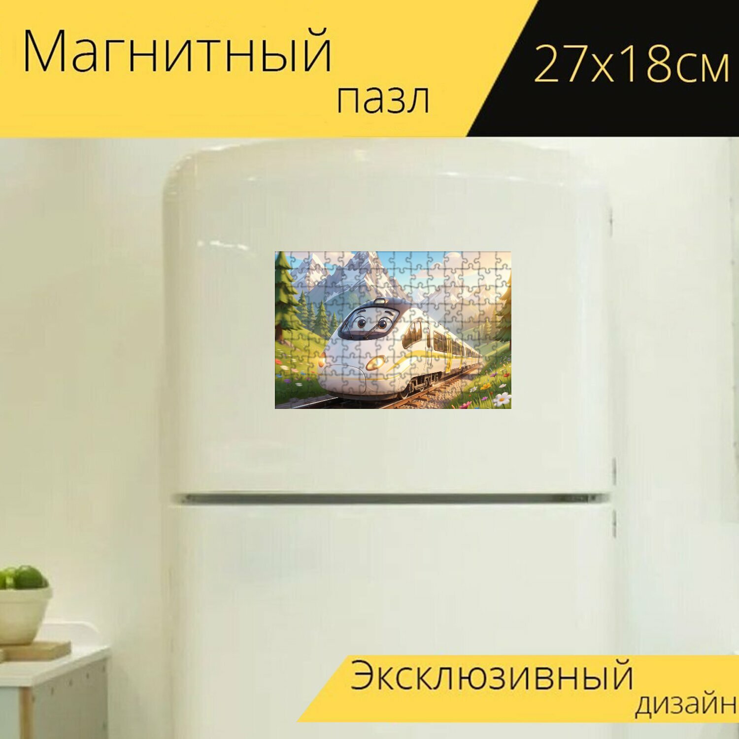 Магнитный пазл "Сказочный поезд в горах. Мультяшный состав несется по рельсам среди альпийских вершин, елей и цветущего луга. Мягкий рассвет, теплый." на холодильник 27 x 18 см.