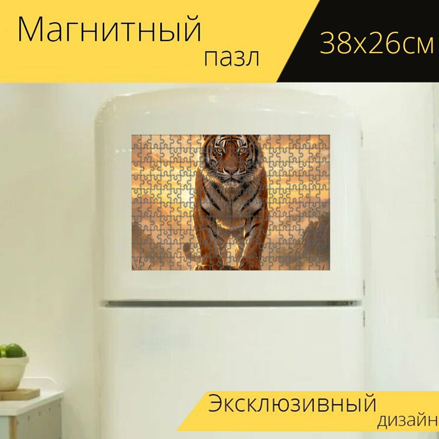 Магнитный пазл "Тигр на горном утесе. Мощный хищник с пронзительным взглядом стоит на скале среди туманных вершин. Теплые золотые оттенки заката." для интерьера, 38х26 см.