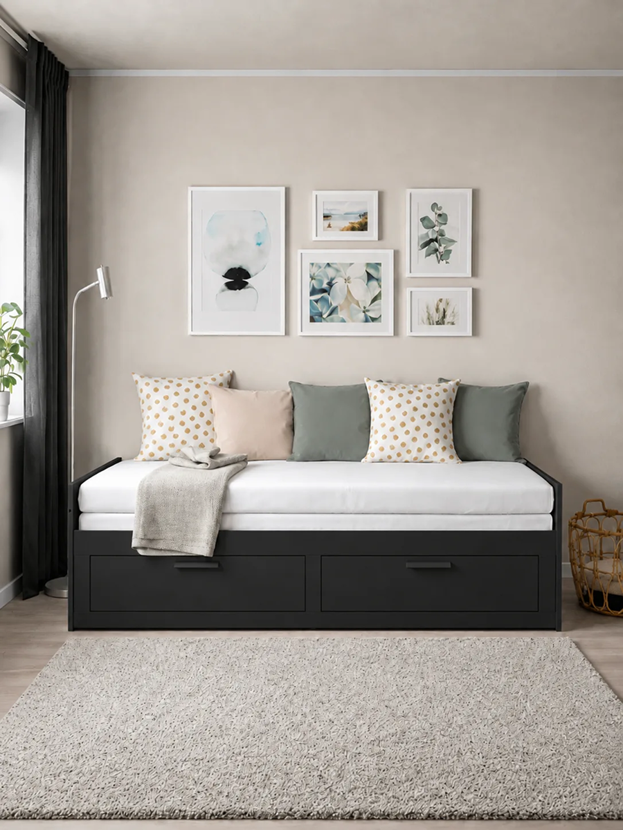 Каркас кровати-кушетки с 2 ящиками, IKEA BRIMNES, 80x200 см, черный