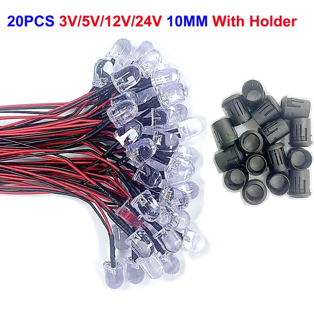 Светодиоды 10 мм UV, 20 шт. с держателем, 3-24V