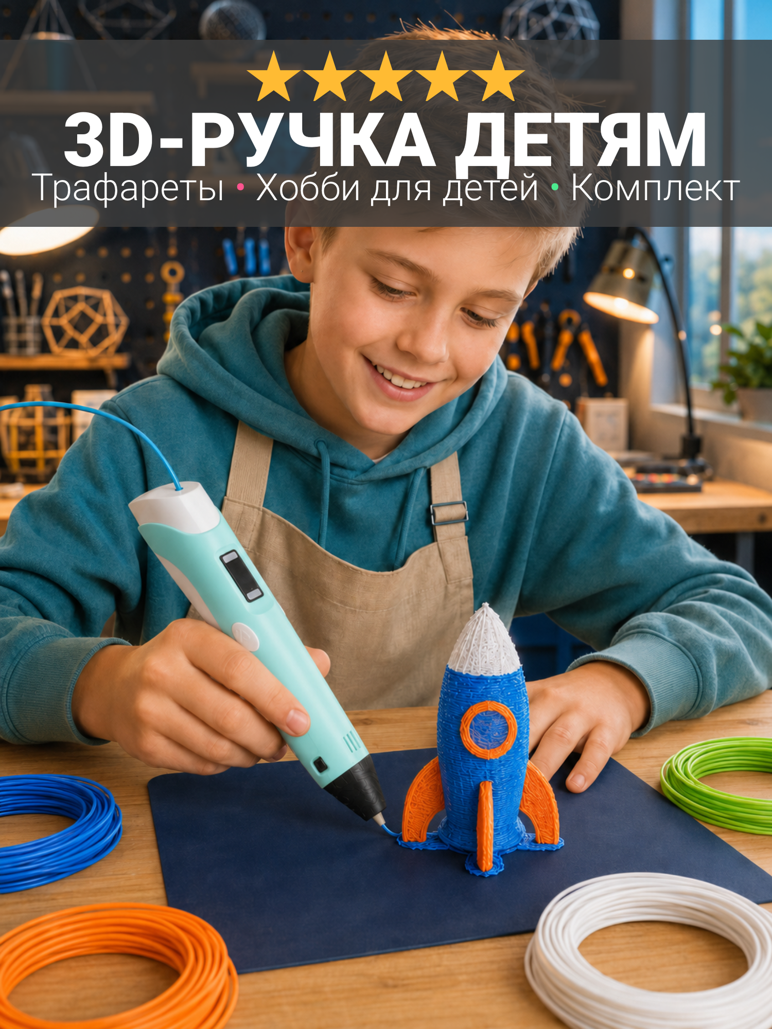 3Д Ручка для детей 3D-Pen 2е поколение, набор для детей, трафареты и набор пластика, синяя