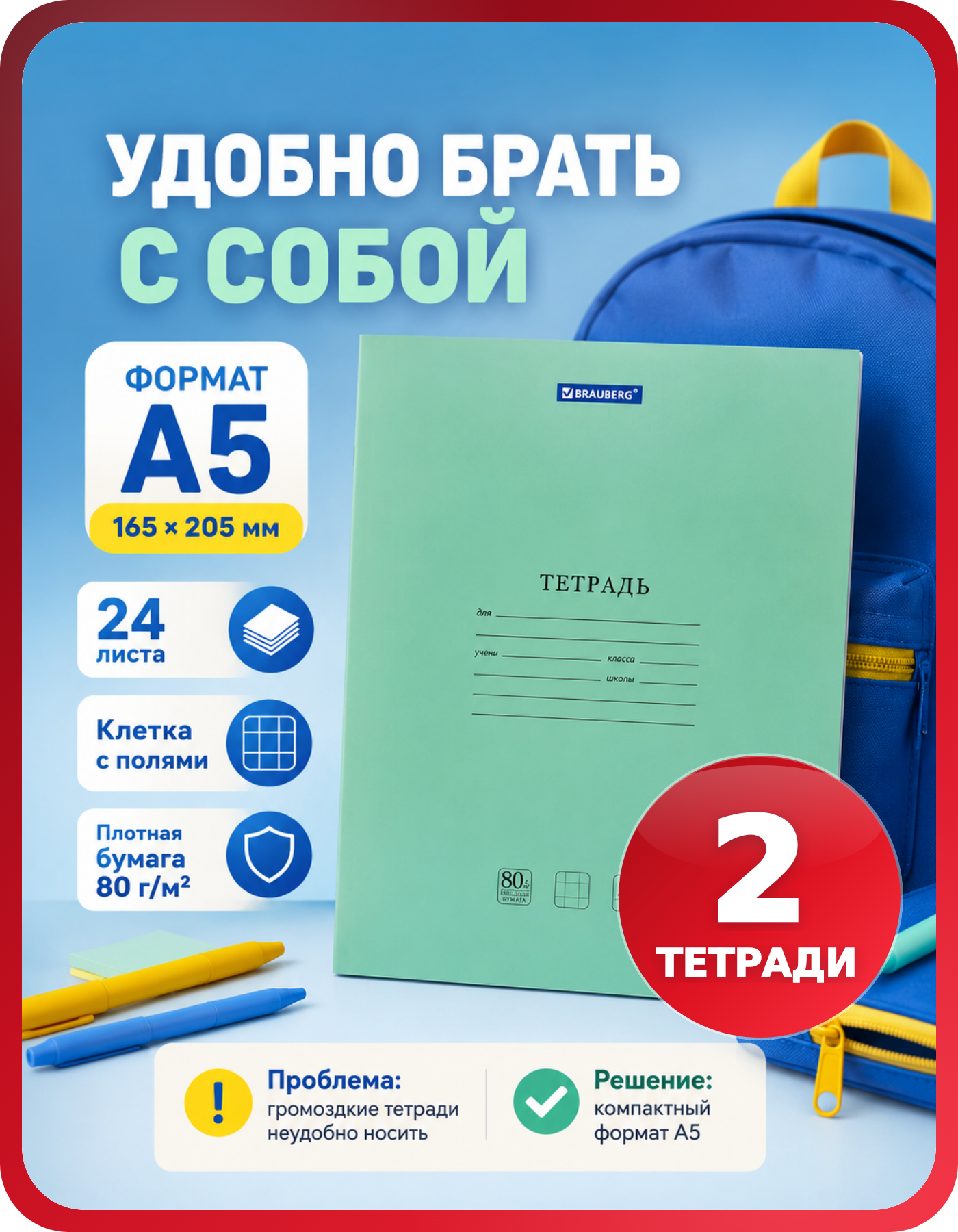 Тетрадь в клетку А5 24 листа с полями BRAUBERG, 2 шт.