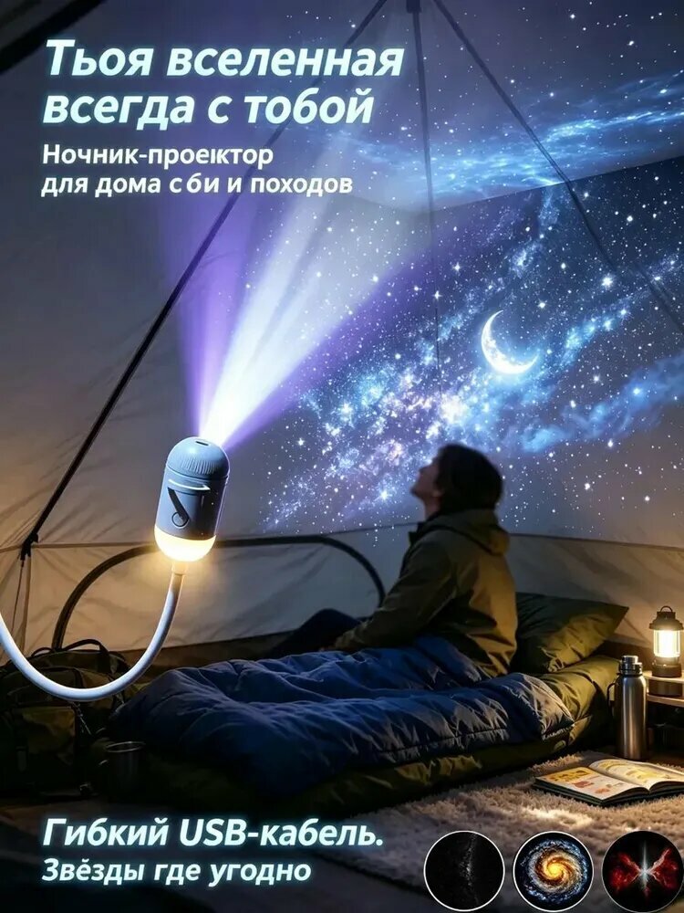 Мини-проектор звездного неба с 3 слайдами, ночник-проектор для дома и походов, теплый белый свет
