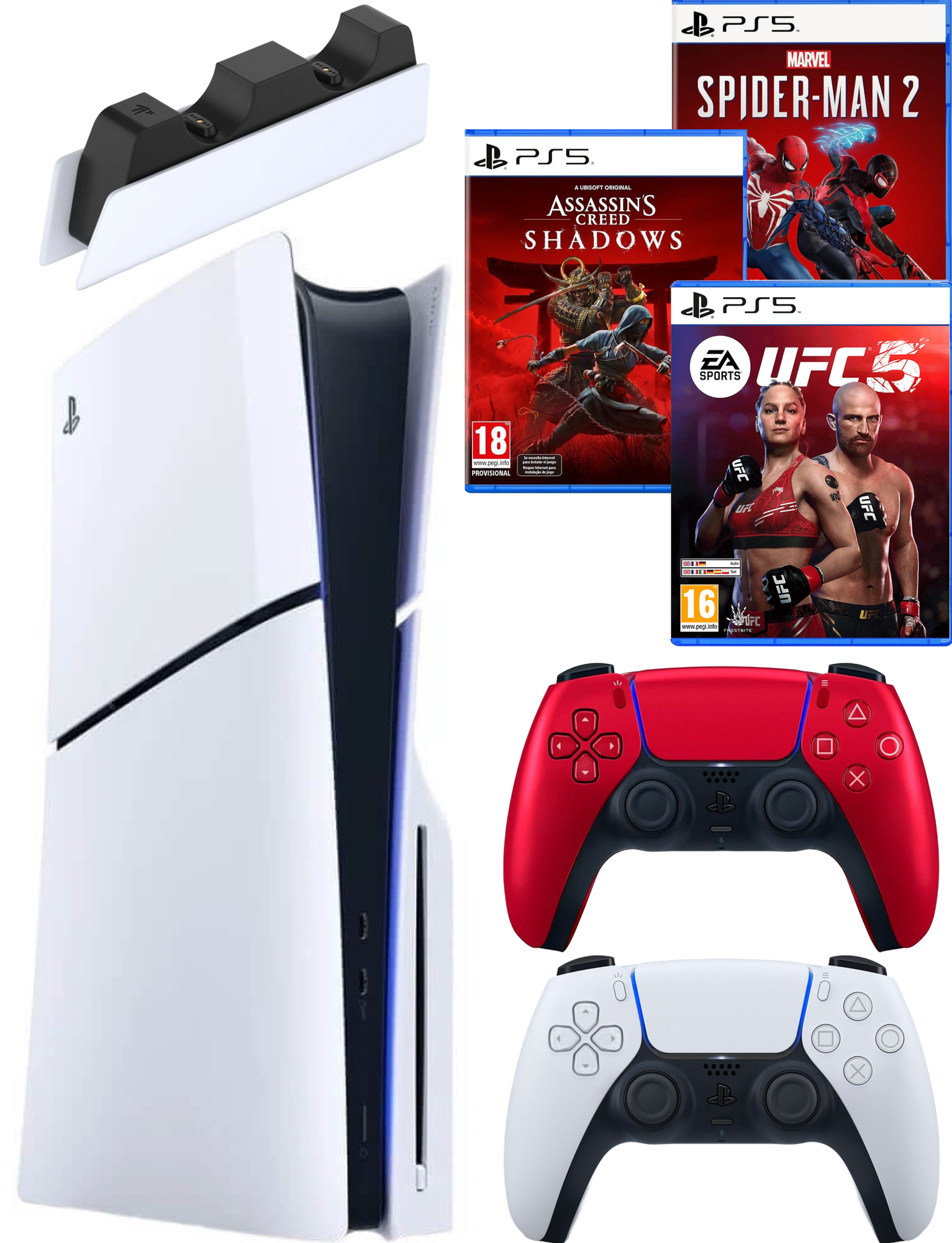 Игровая приставка Sony PS 5 Slim, 1ТБ(с дисководом)+2-ой геймпад(volcanic red)+Зарядная станция+3 игры