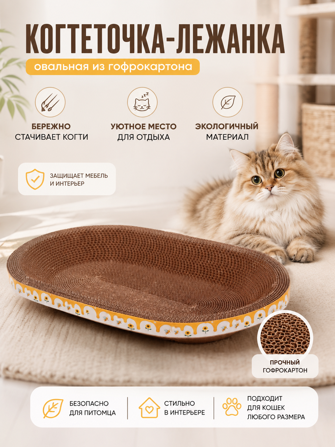 Когтеточка-лежанка из гофрокартона с кошачьей мятой, 50×30×7 см