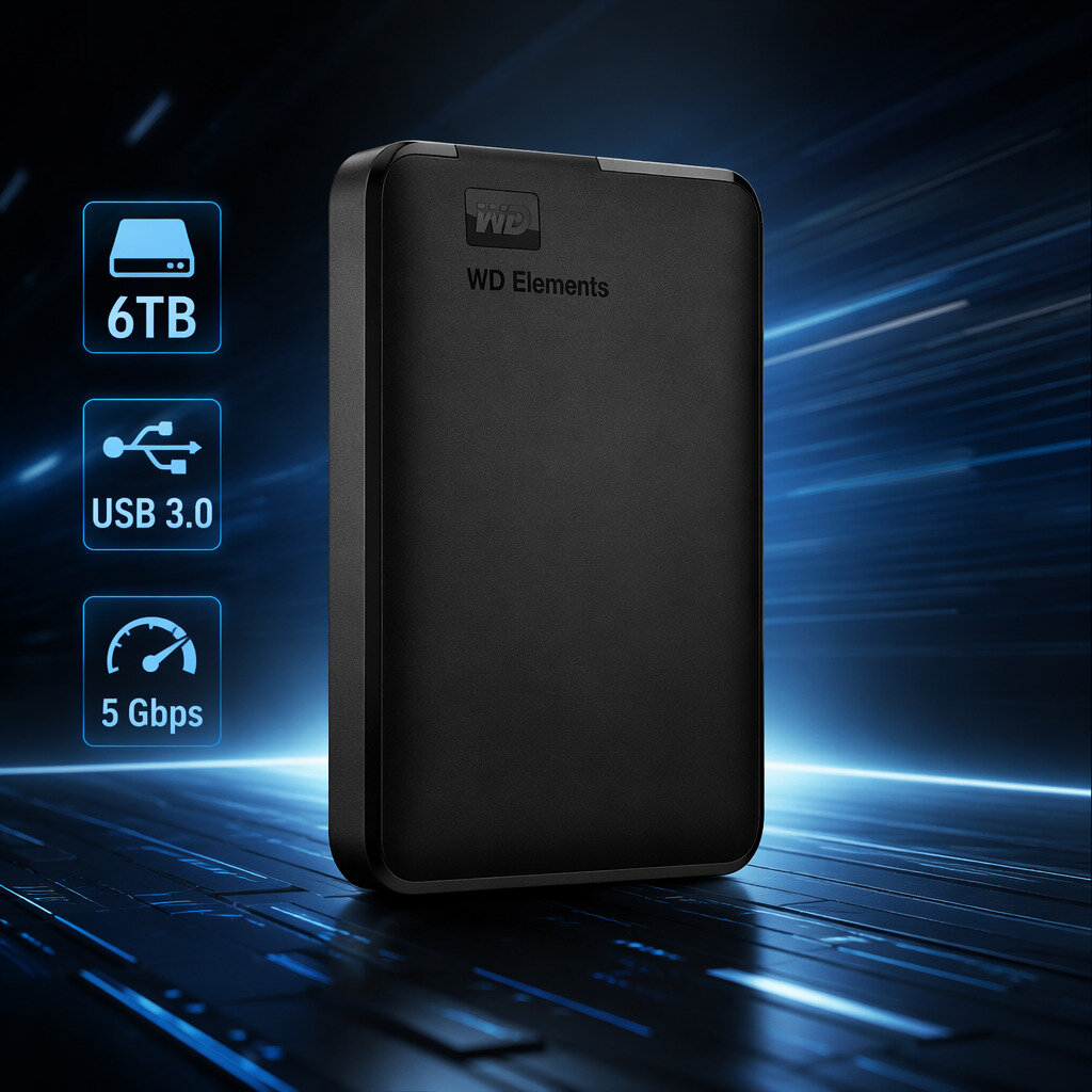 Внешний жесткий диск HDD Western Digital Elements Portable, 6 ТБ, USB 3.0, 2.5", черный