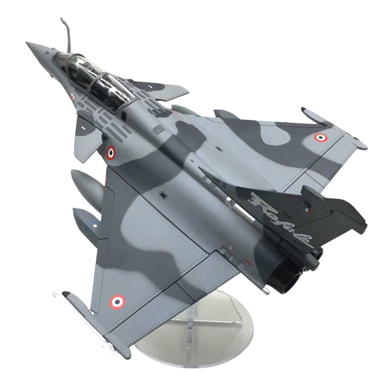 Модель истребителя Rafale B в масштабе 1/72 с подставкой для демонстрации на домашней полке или барной стойке, серая.