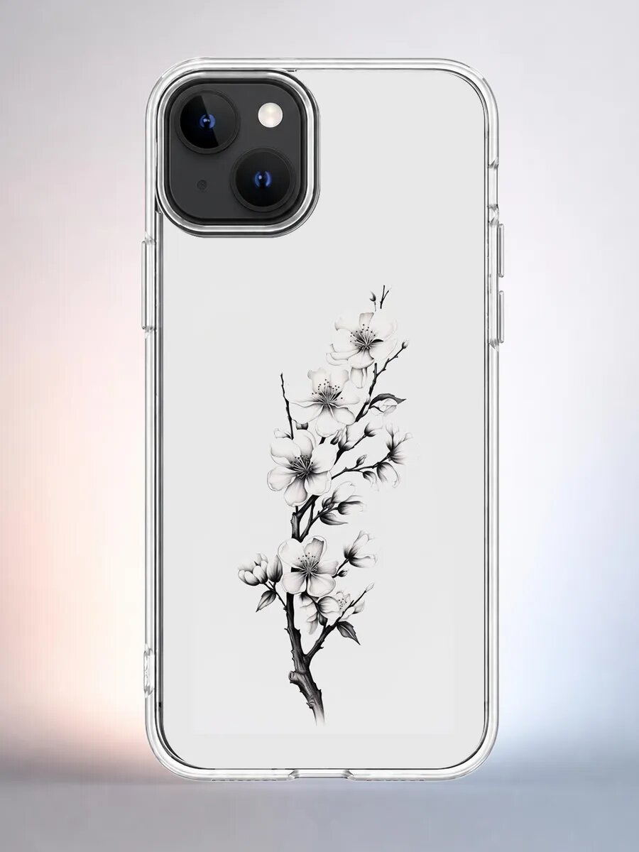 Чехол iPhone 13 графика ветка сакуры силиконовый прозрачный