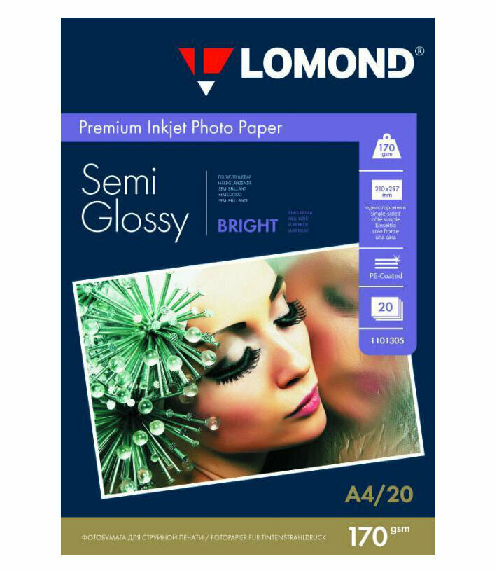 Фотобумага Lomond A4, 170 г/м2, односторонняя, полуглянцевая, 20л (1101305)