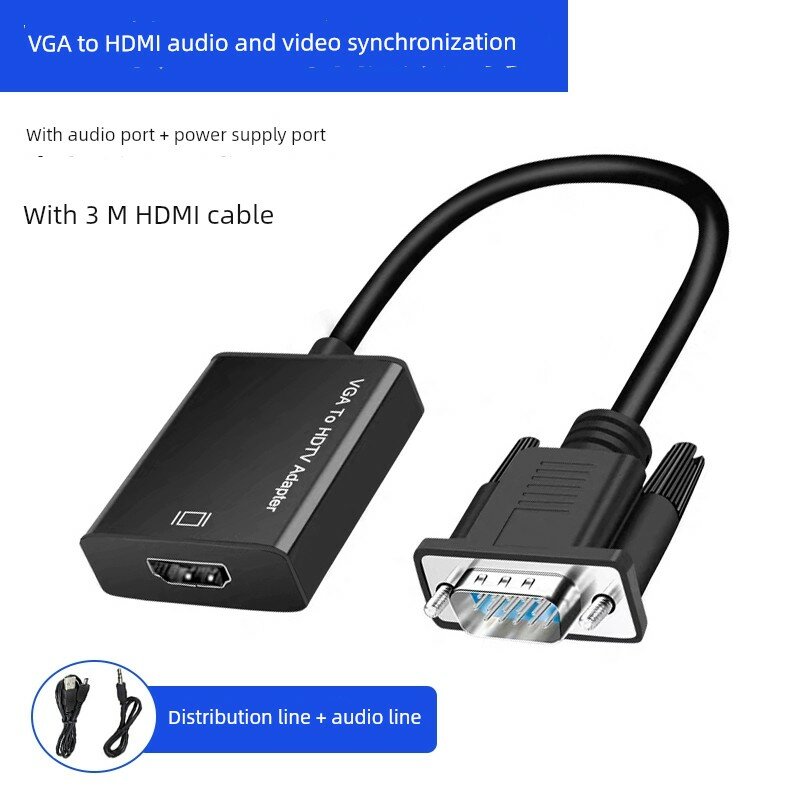 Черный адаптер VGA в HDMI с функцией Plus, кабель 3 м, расширенный для настройки телевизора и ноутбука, качество HD